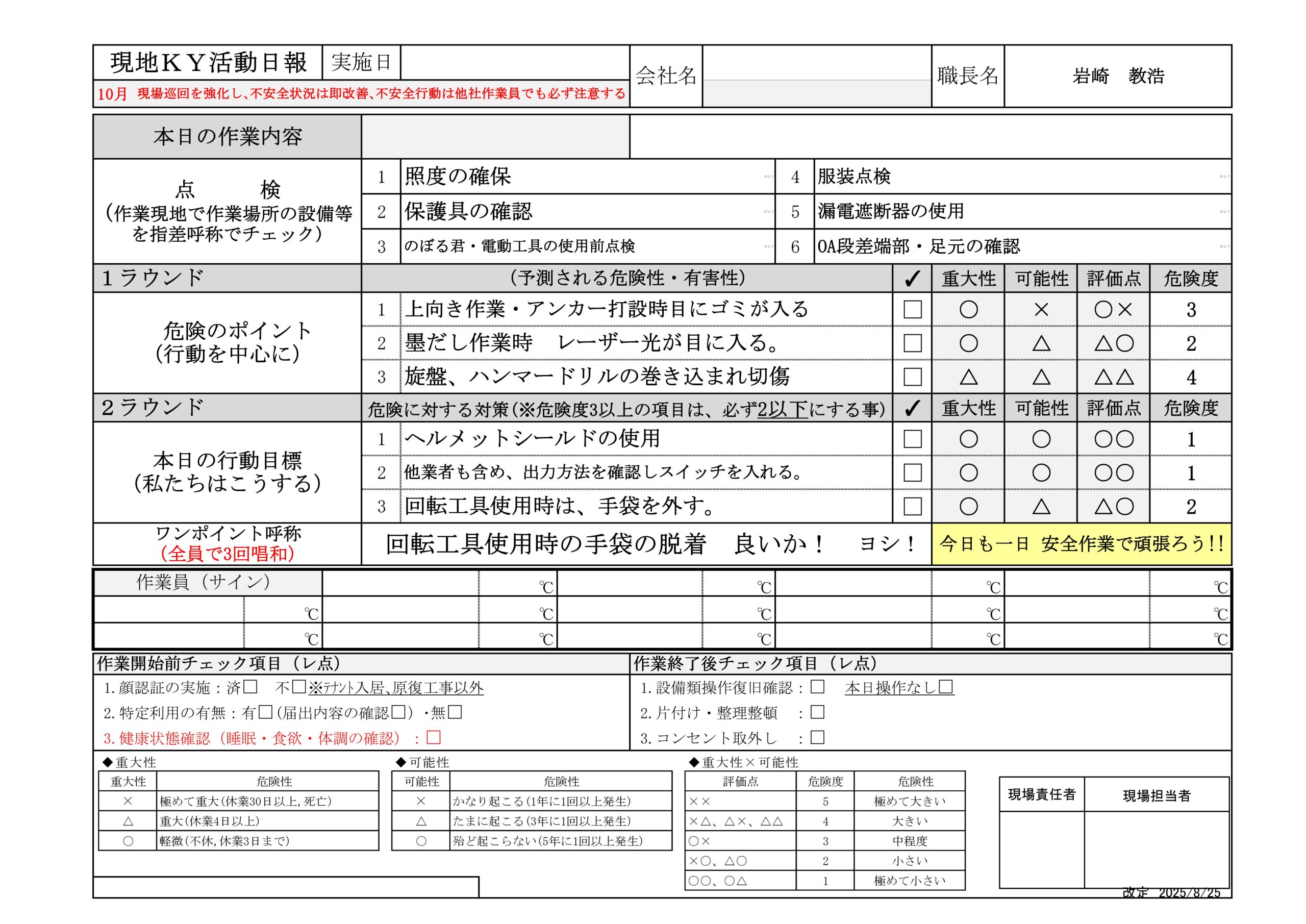 水曜日からの夜間作業に向けて、KY用紙を書いてみた。初心忘れるべからず。 | エスティー株式会社